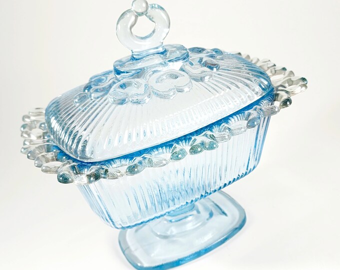 Indiana Glass Light Blue Open Lace Candy Dish Princess Pattern Vintage ...