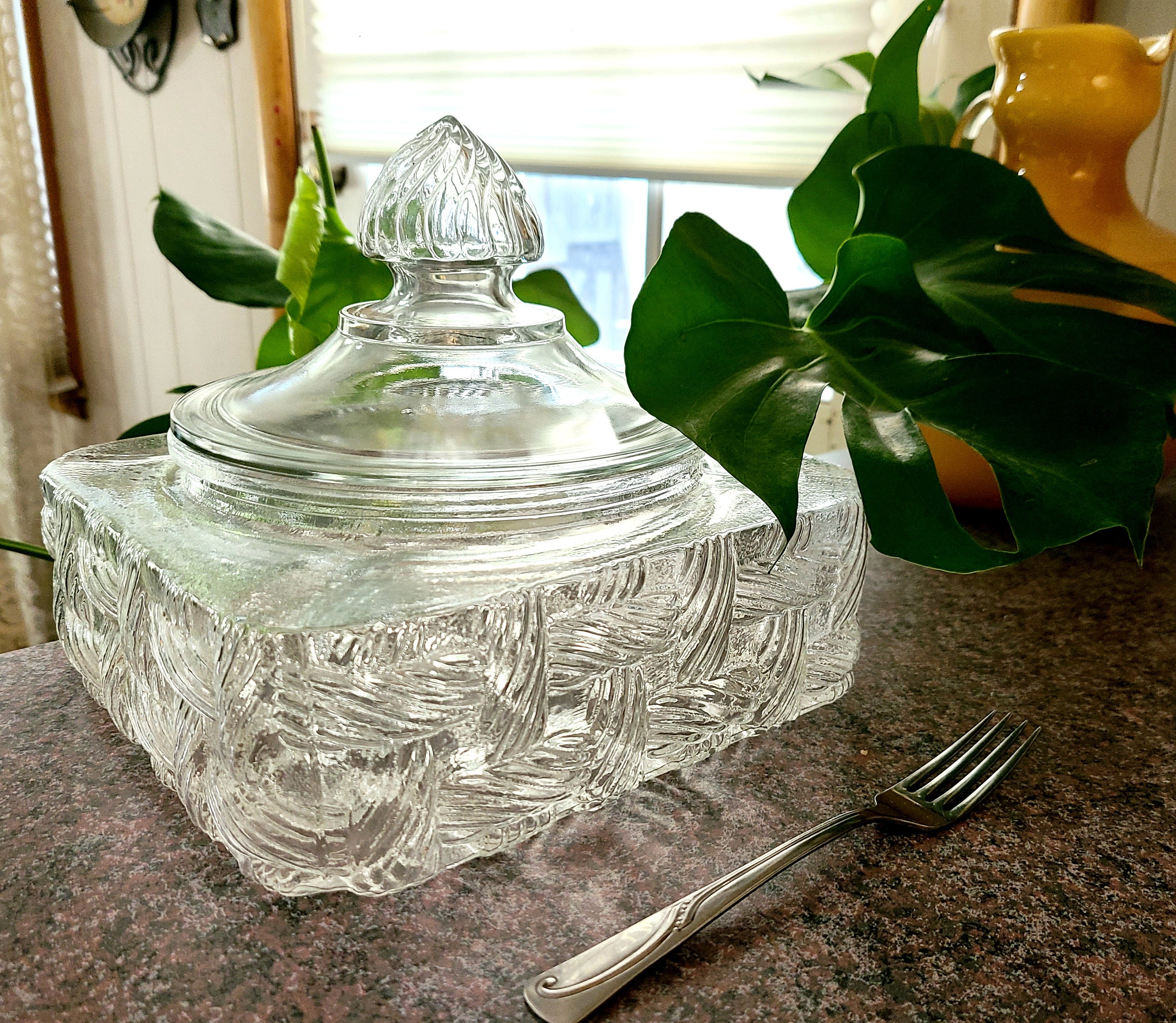 Drugstore Candy Dish Large Square Clear Glass Basket Weave - Etsy