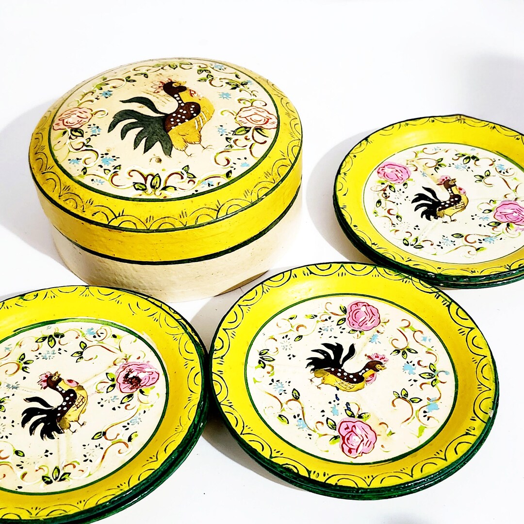 Paper Mache Rooster Coasters in Box With Lid , Set of 7, Hand Painted ...