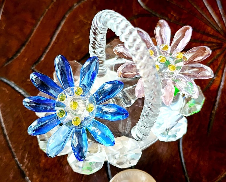 Small Crystal Flower Basket With Pink & Blue Daisies, Mothers Day Gift ...