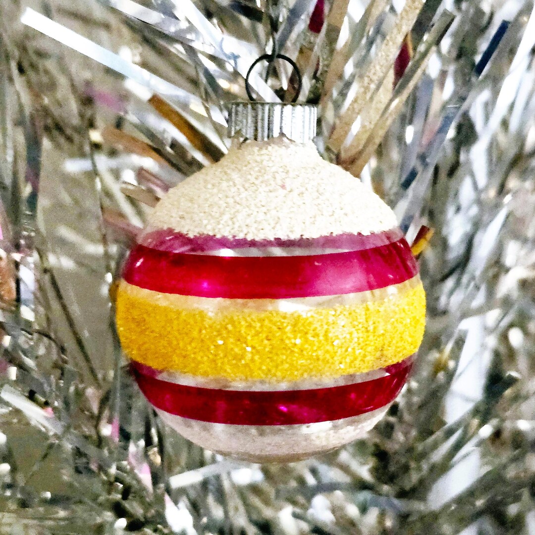 Shiny Brite Ornament Yellow Pink Striped Round Bulb With Mica Glitter ...