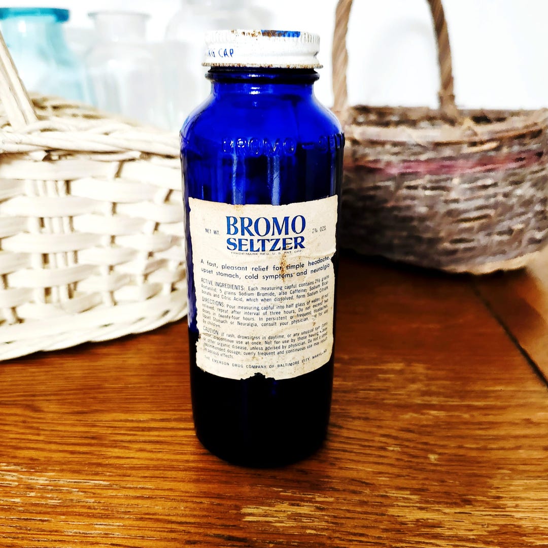 Bromo Seltzer Empty Blue Bottle: Original Label & Measuring Cap ...