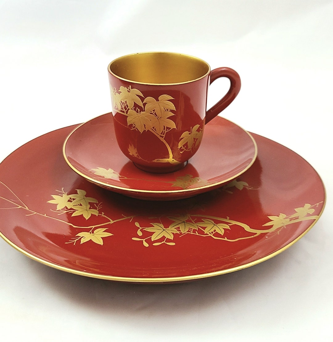 Red Laquer Small 1 Oz Tea Cup and Dessert Plate With Gold - Etsy