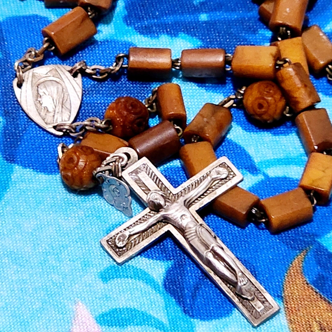 Silver Plate Rosary With Brown Stone Beads Unbreakable France Vintage ...