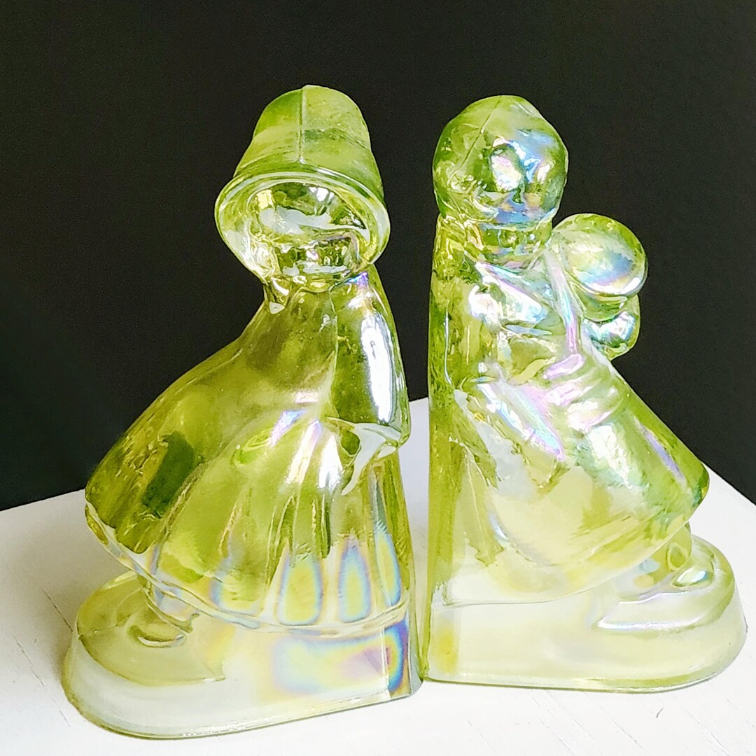 Wheaton Boy Girl Bookends Yellow Canary Glass Iridescent Vaseline ...