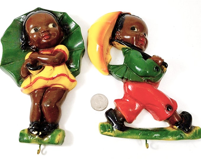 Black Americana Chalkware Girl Boy With Umbrellas and Hooks Wall Decor ...