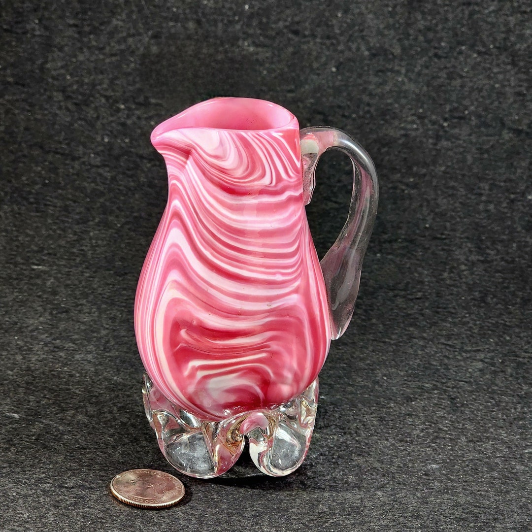 Small Pitcher Vase Pink White Slag Glass With Clear Glass Applied Feet ...