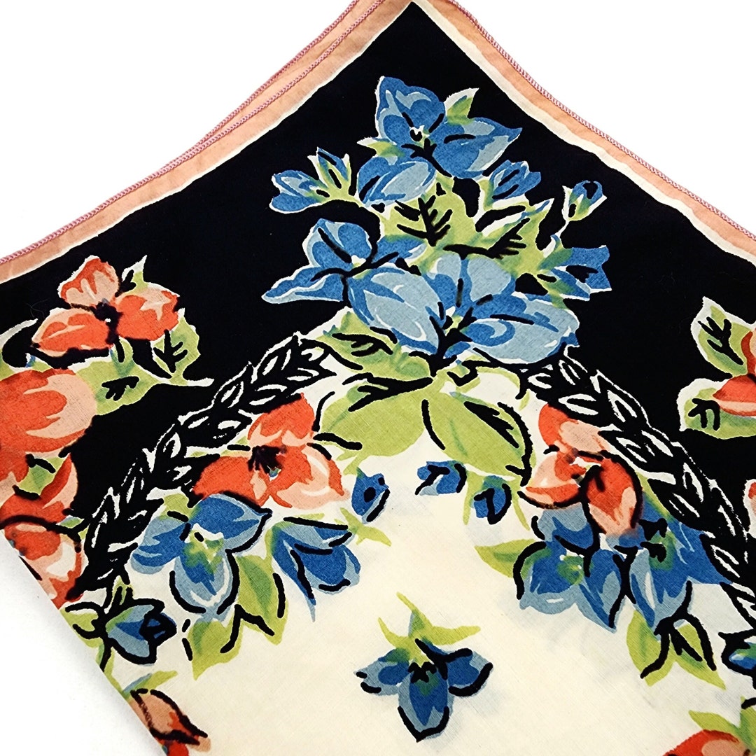 Large Floral Handkerchief, Pastel Blue & Pink Flowers, Hand Rolled Hems ...