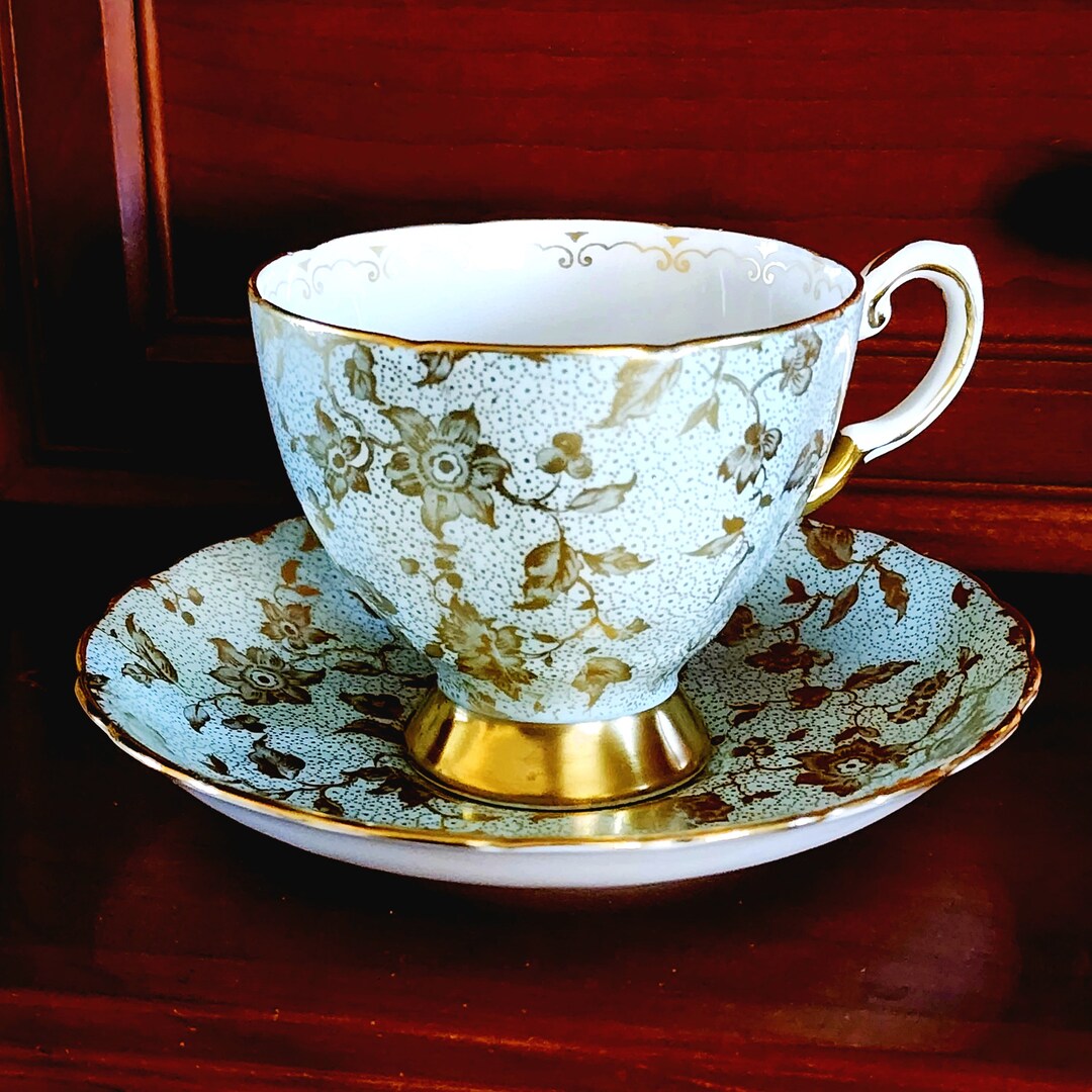 Tuscan Light Blue Gold Trim Tea Cup Saucer Bone China, Footed Scalloped Rim 5 Ounce, R H & S L ...