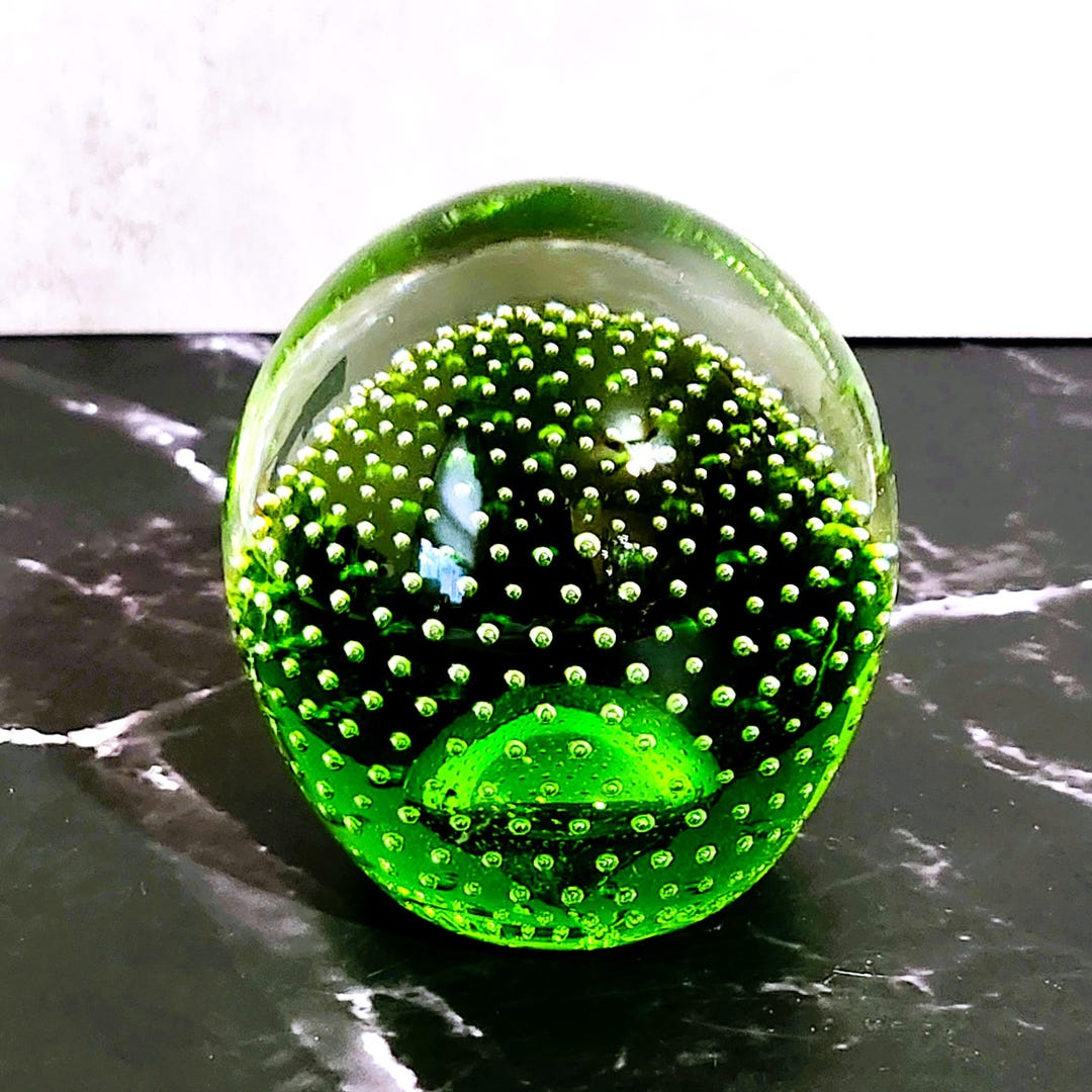 Green Controlled Bubble Paperweight Art Glass Encased in Smoky Glass ...
