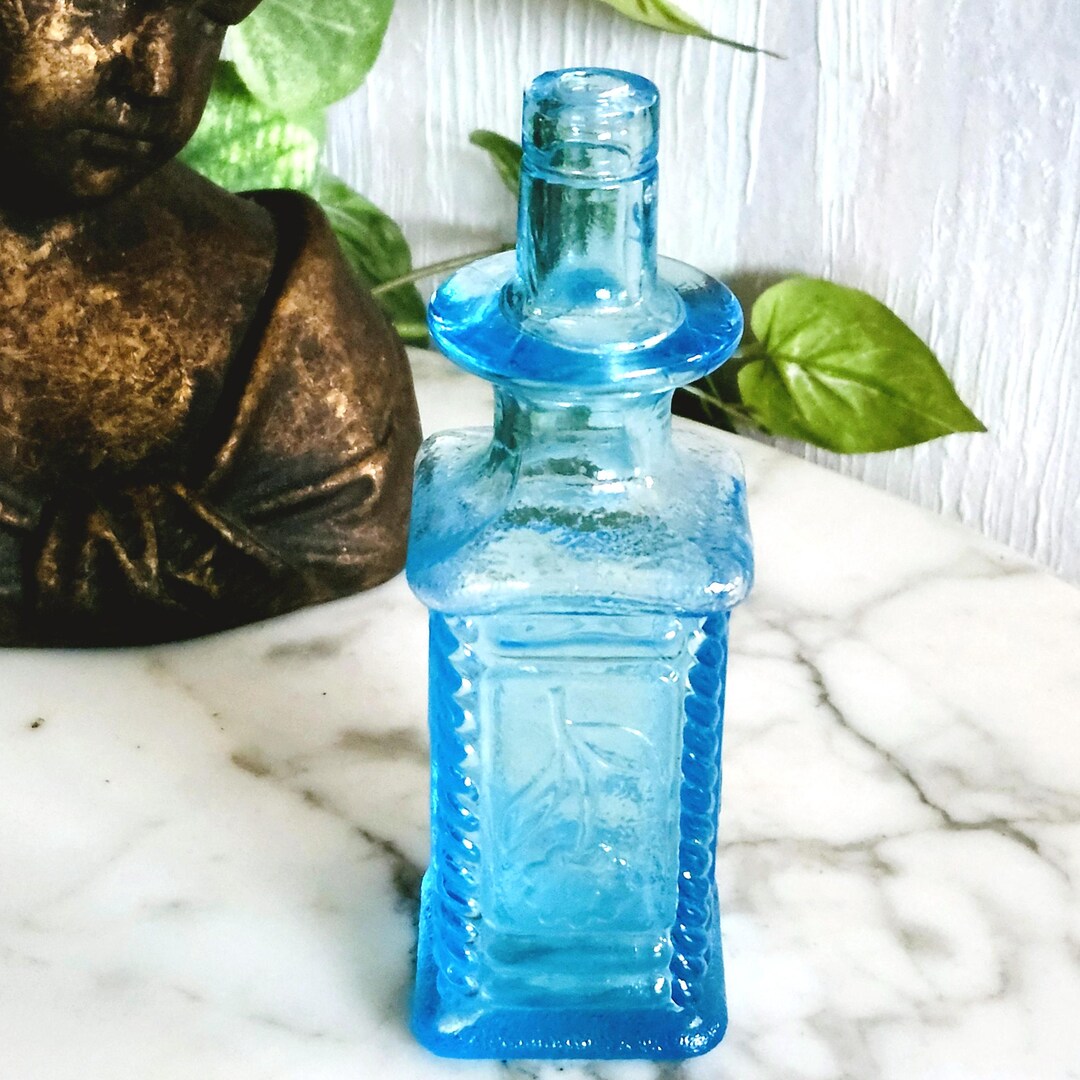 Ice Blue Square Bottle: Embossed Flower 6 Inch Tall Vintage 70s - Etsy