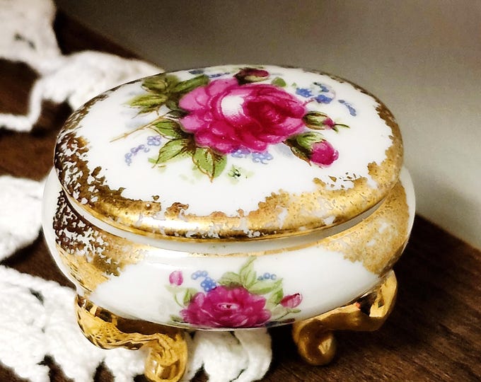 Vintage Porcelain Ring Box • Footed Trinket Box With Roses • Small ...