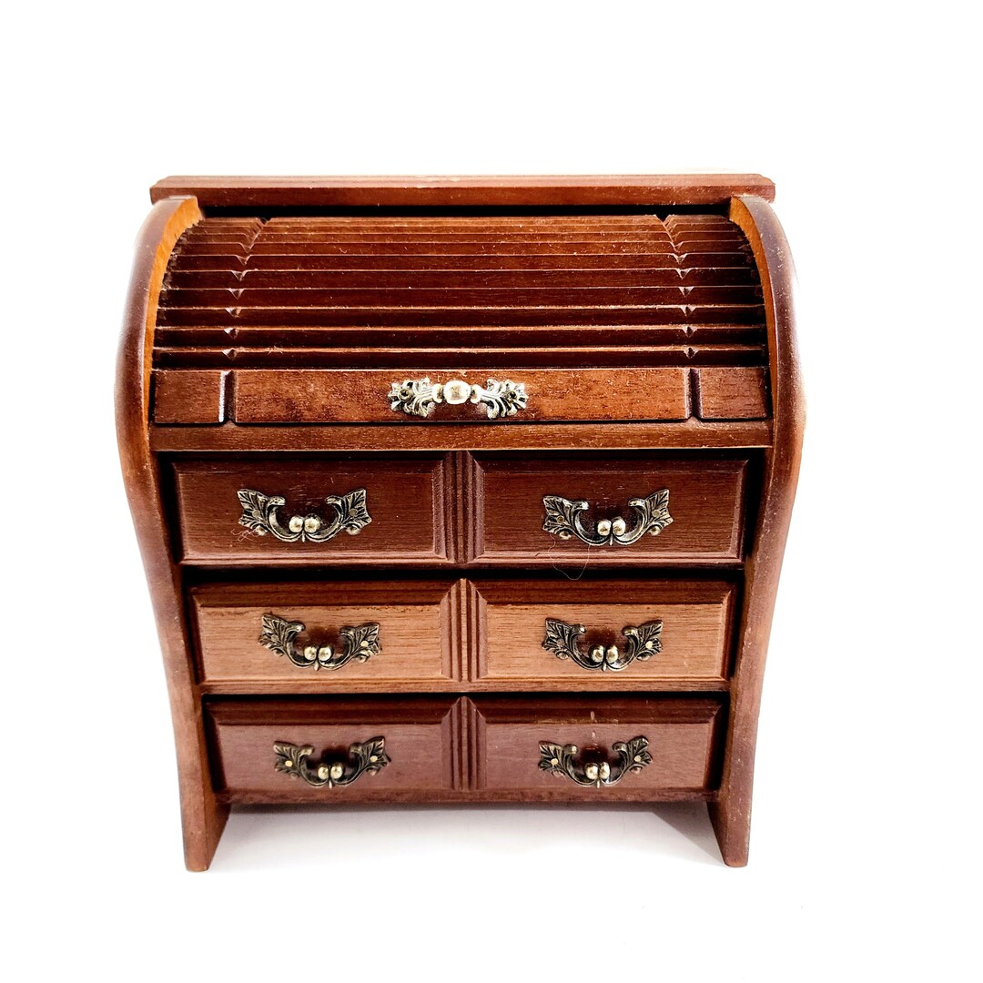 Wood Jewelry Box or Valet With Drawers, Velvet Lined, & Roll Top ...