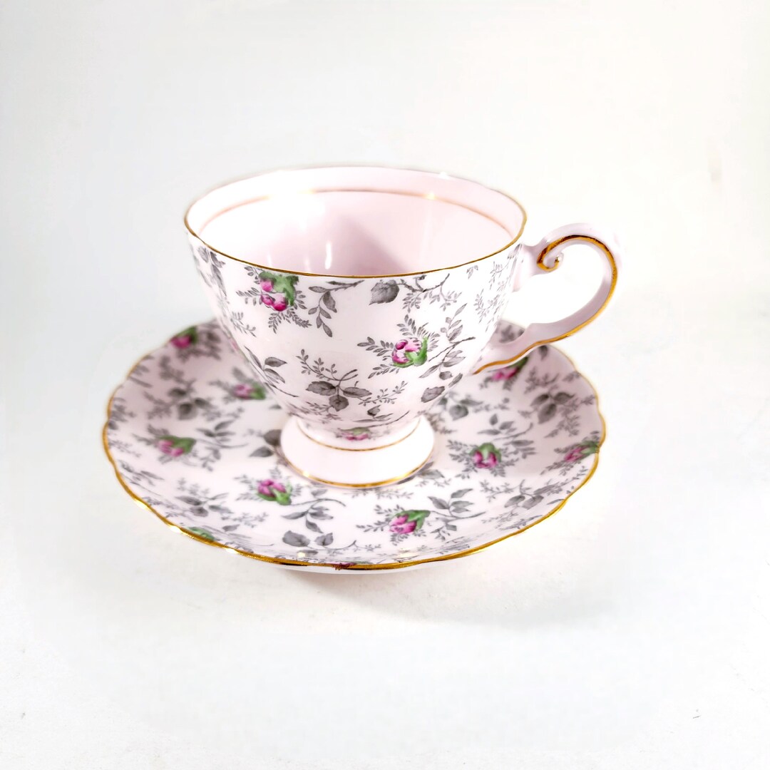 Tuscan Tea Cup Saucer Bone China With Pink Rosebuds & Gray Fern Gold ...