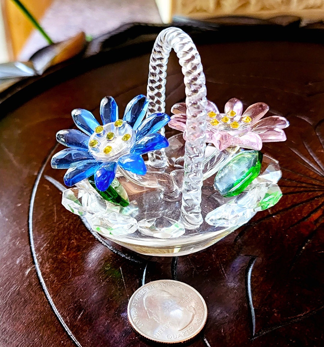 Small Crystal Flower Basket With Pink & Blue Daisies, Mothers Day Gift ...