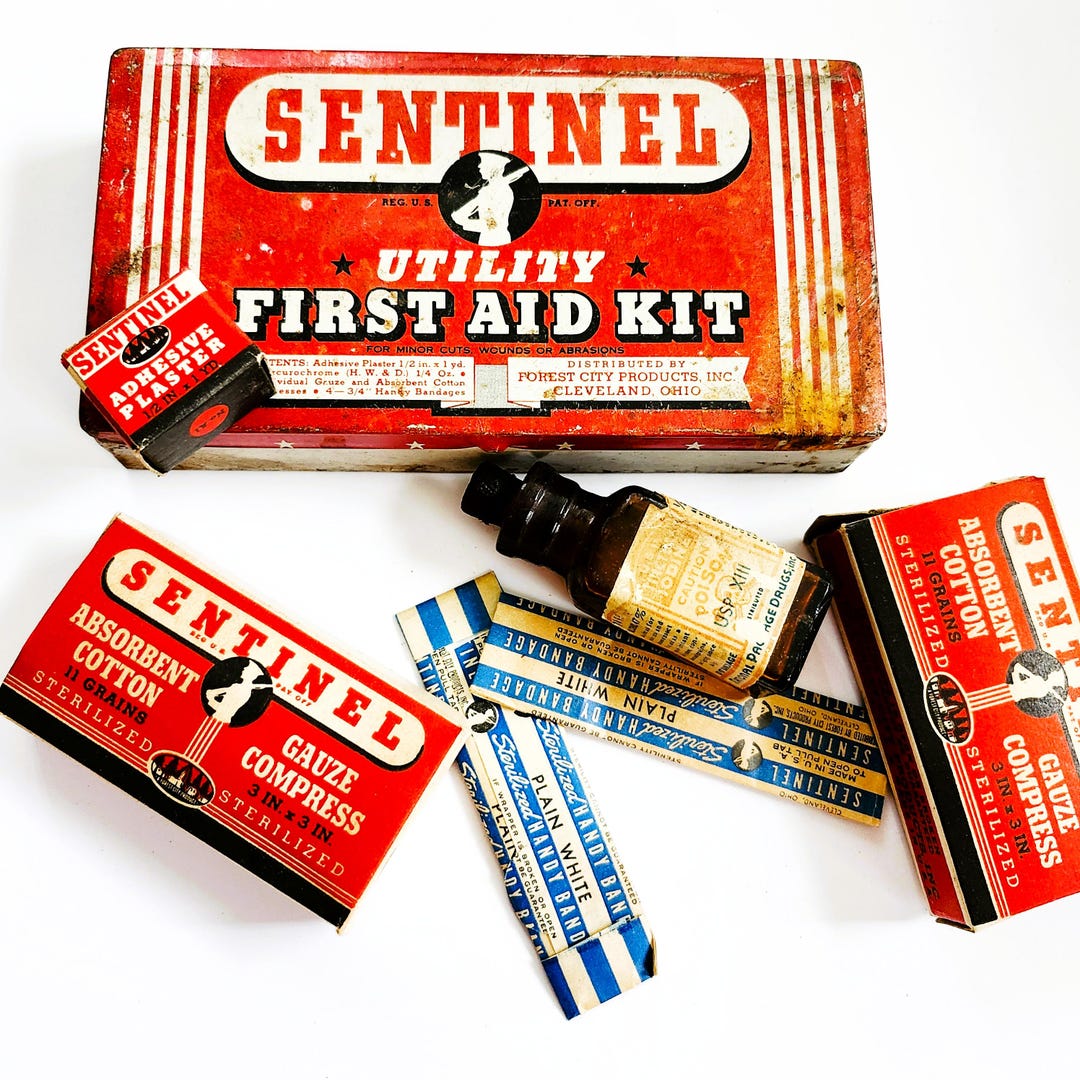 First Aid Kit Tin Sentinel Utility With Gauze, Empty Tincture Bottles ...