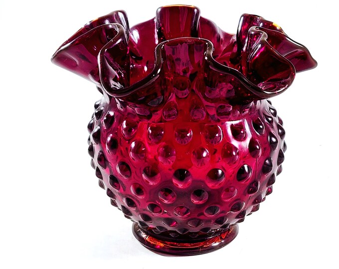 Fenton Hobnail Ruby Glass Bud Vase 4 Inch Tall Ruffled Rim Vintage 70s ...