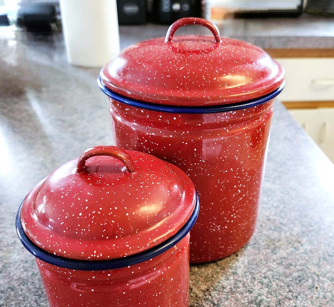 Red Speckled Enamel Canisters Blue Trim Set of 2 Vintage 70s - Etsy