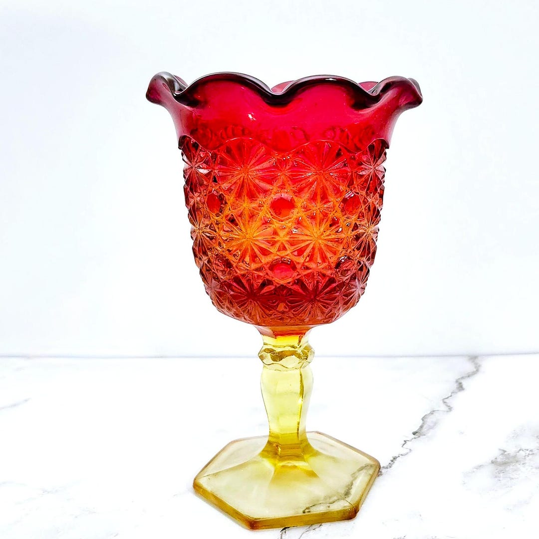 Amberina Daisy Button Tea Light Goblet: Stemmed, Scalloped Rims, Heavy ...