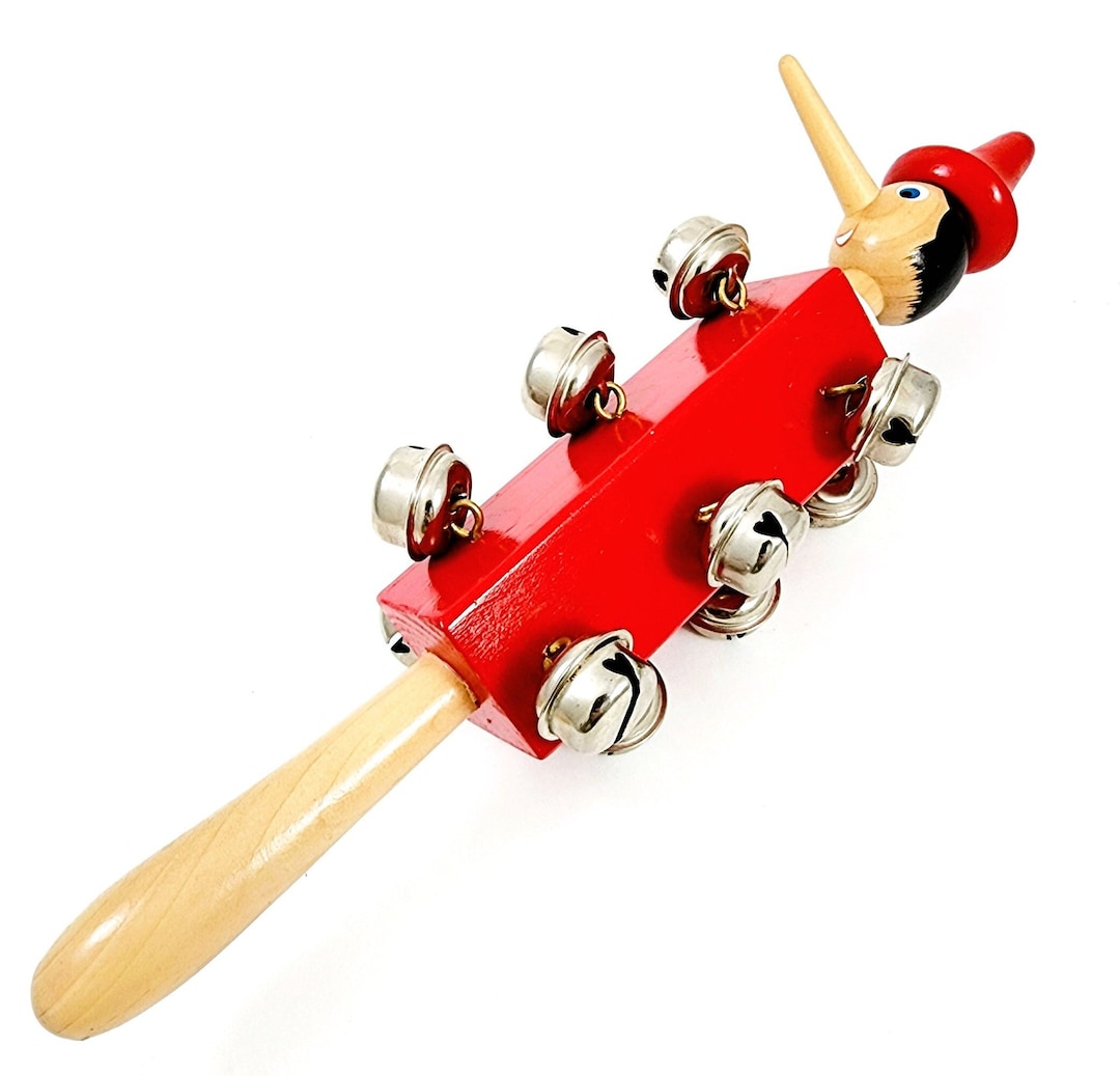 Pinnochio Toy Noise Maker Wood Rattle With Bells Vintage 80s - Etsy