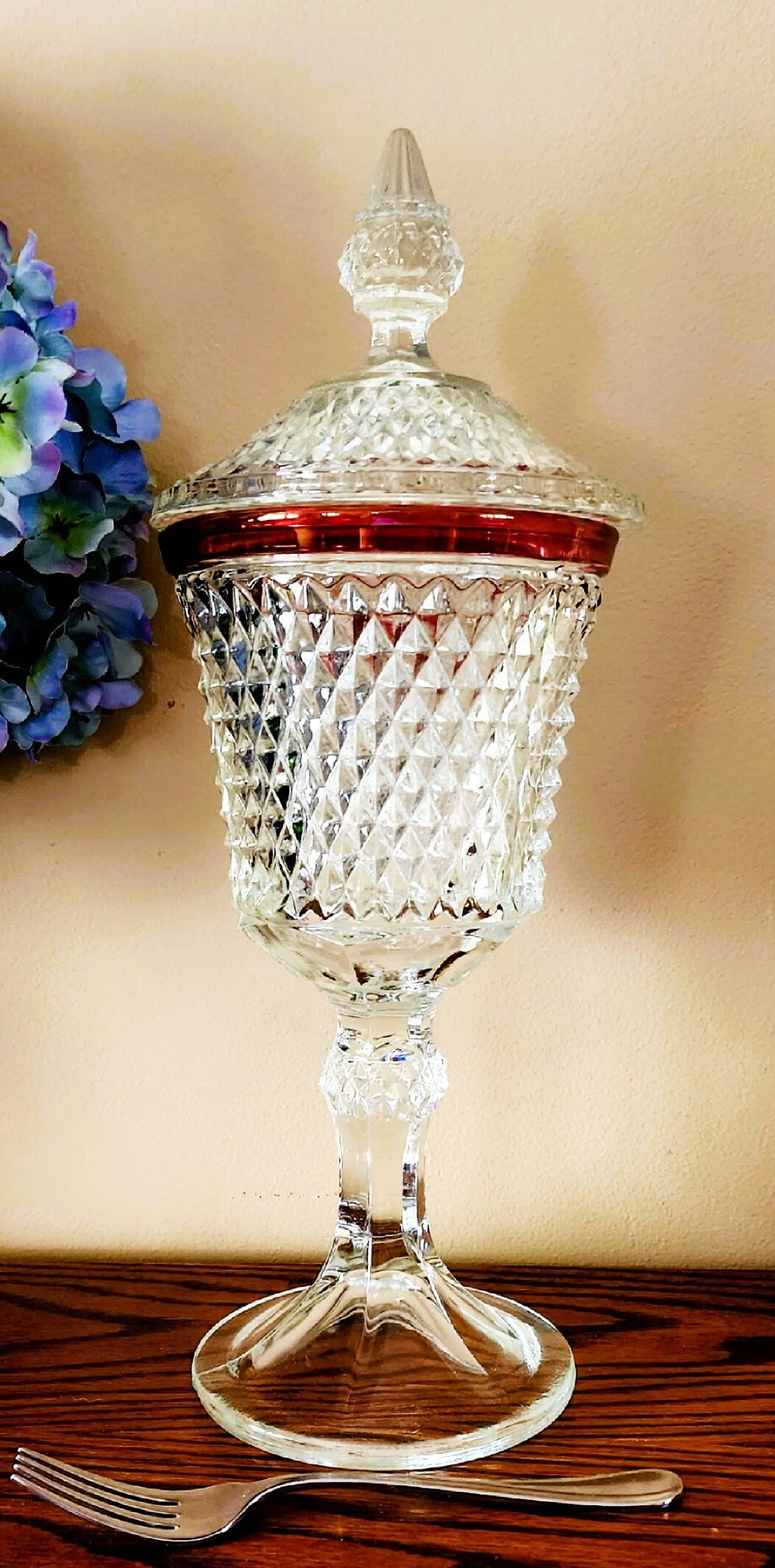 Tall Indiana Glass Compote Apothecary Urn, Diamond Point, Ruby Flashed ...