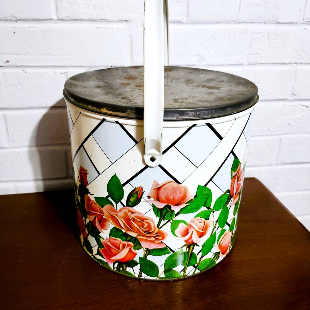 Large Lattice & Rose Storage Tin With Handle 9 by 10 Inch Vintage 50s ...
