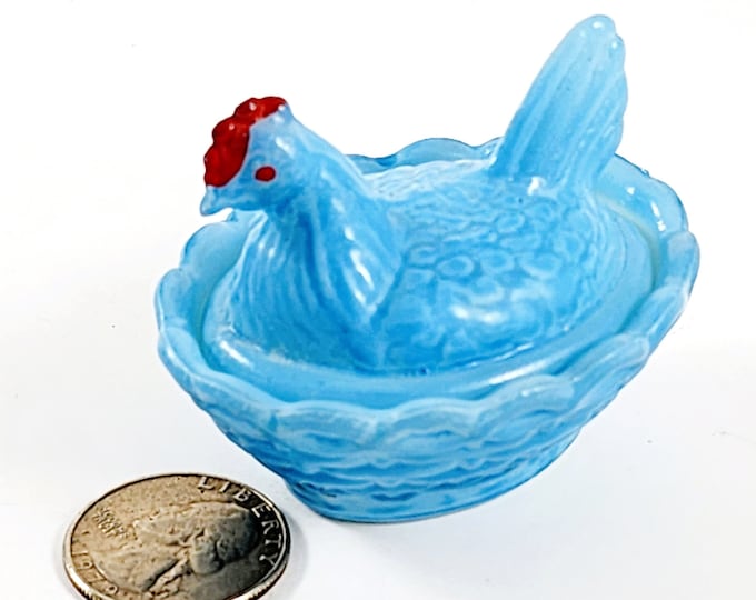 Miniature Glass Hen on Nest Salt Cellar Blue Painted Milk Glass ...