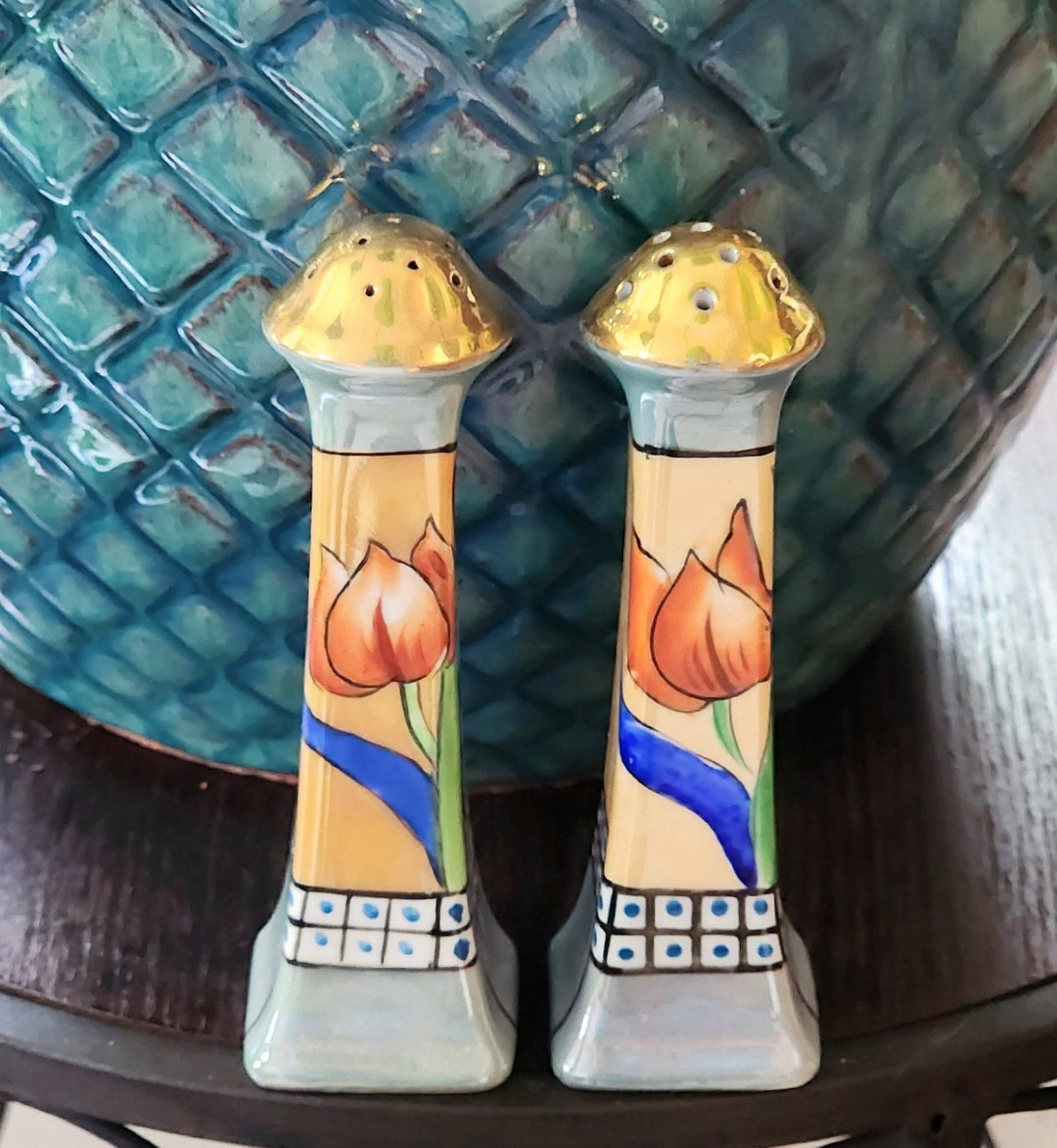 Orange Lusterware Salt Pepper Shakers With Hand Painted Tulips Made in ...