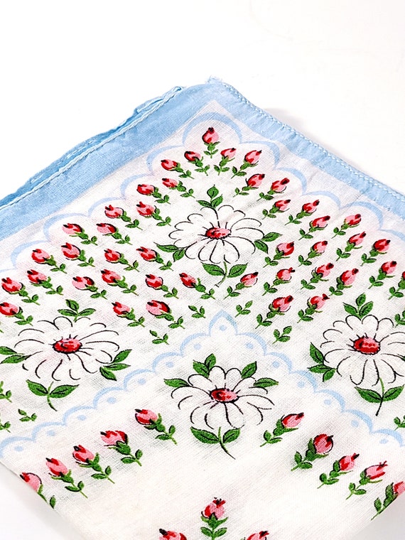 Daisy Floral Handkerchief With Pink Rose Buds and Light Blue - Etsy