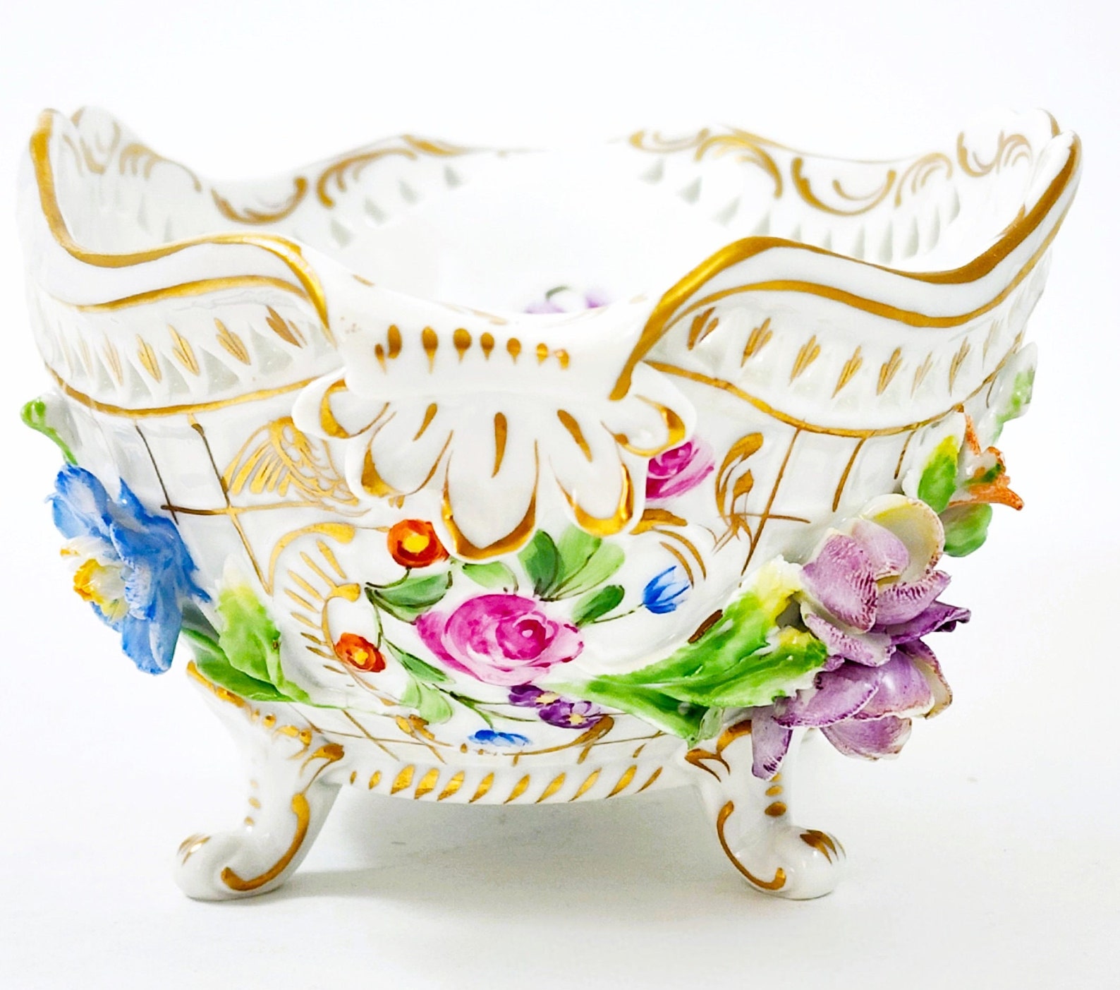 Dresden Reticulated Footed Bowl Hand Painted Centerpiece With - Etsy