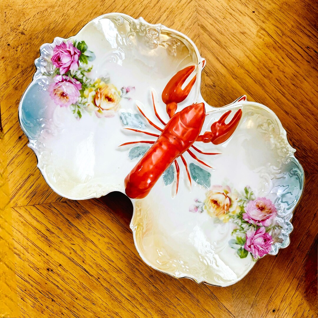 Antique German Divided Serving Dish: Lobster Handle, Floral Design - Etsy