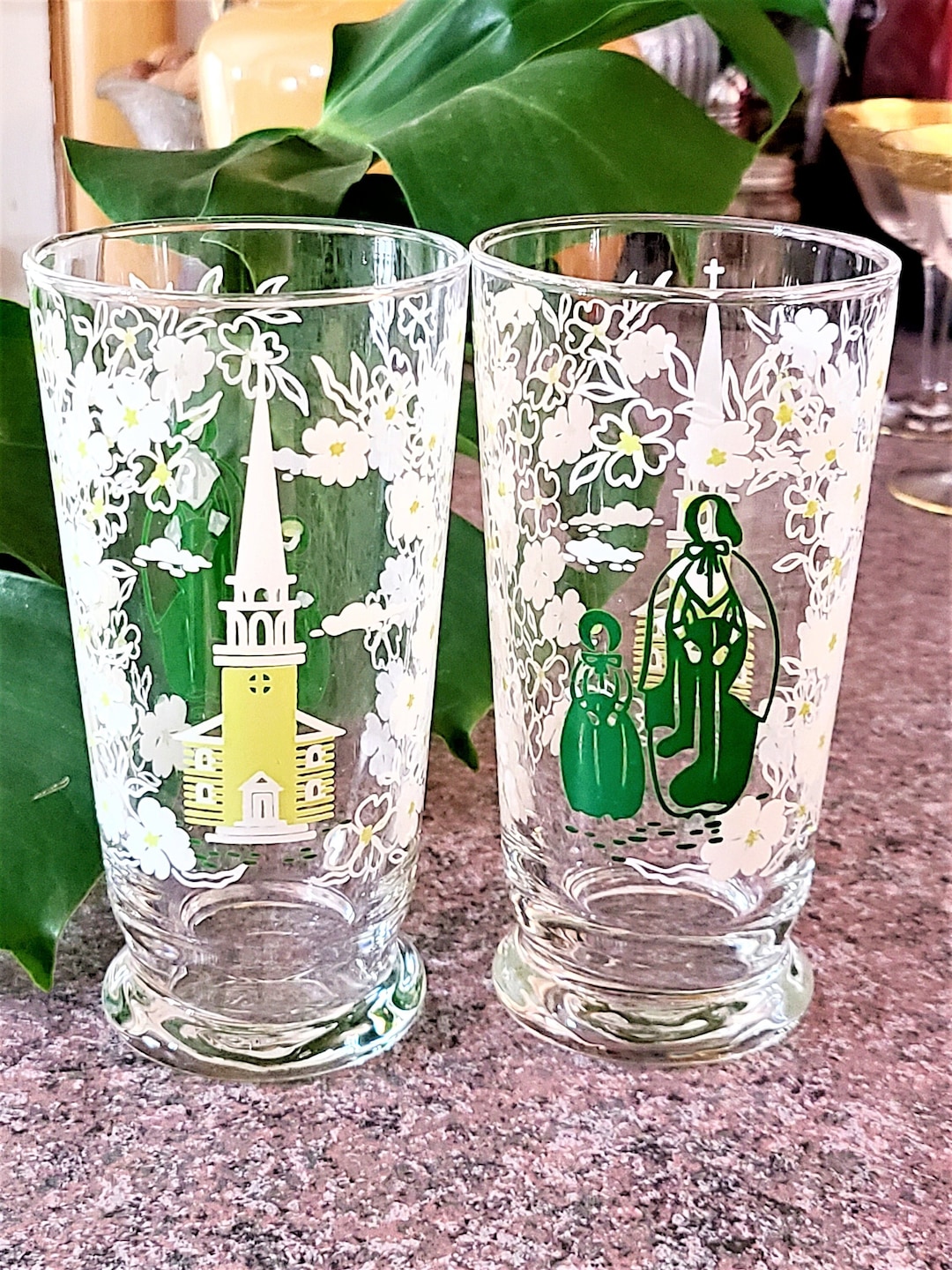 Set of 2 Libbey Pilgrim Drinking Glass With Church, Dogwood Flowers ...