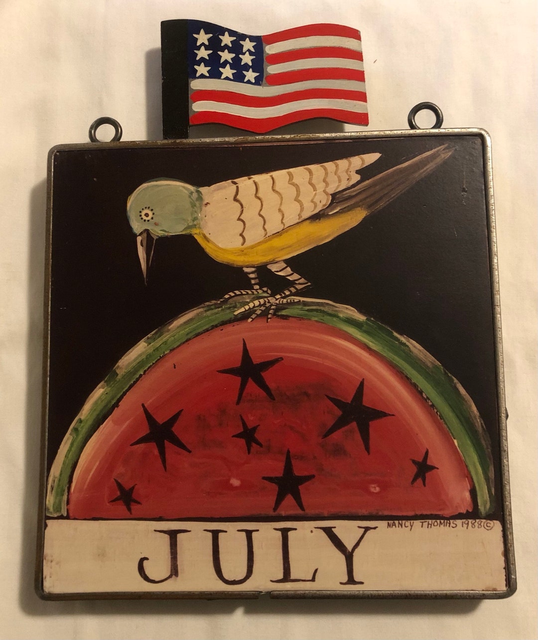 1988 Nancy Thomas Folk Art July Sign W/ American Flag Woodpecker ...