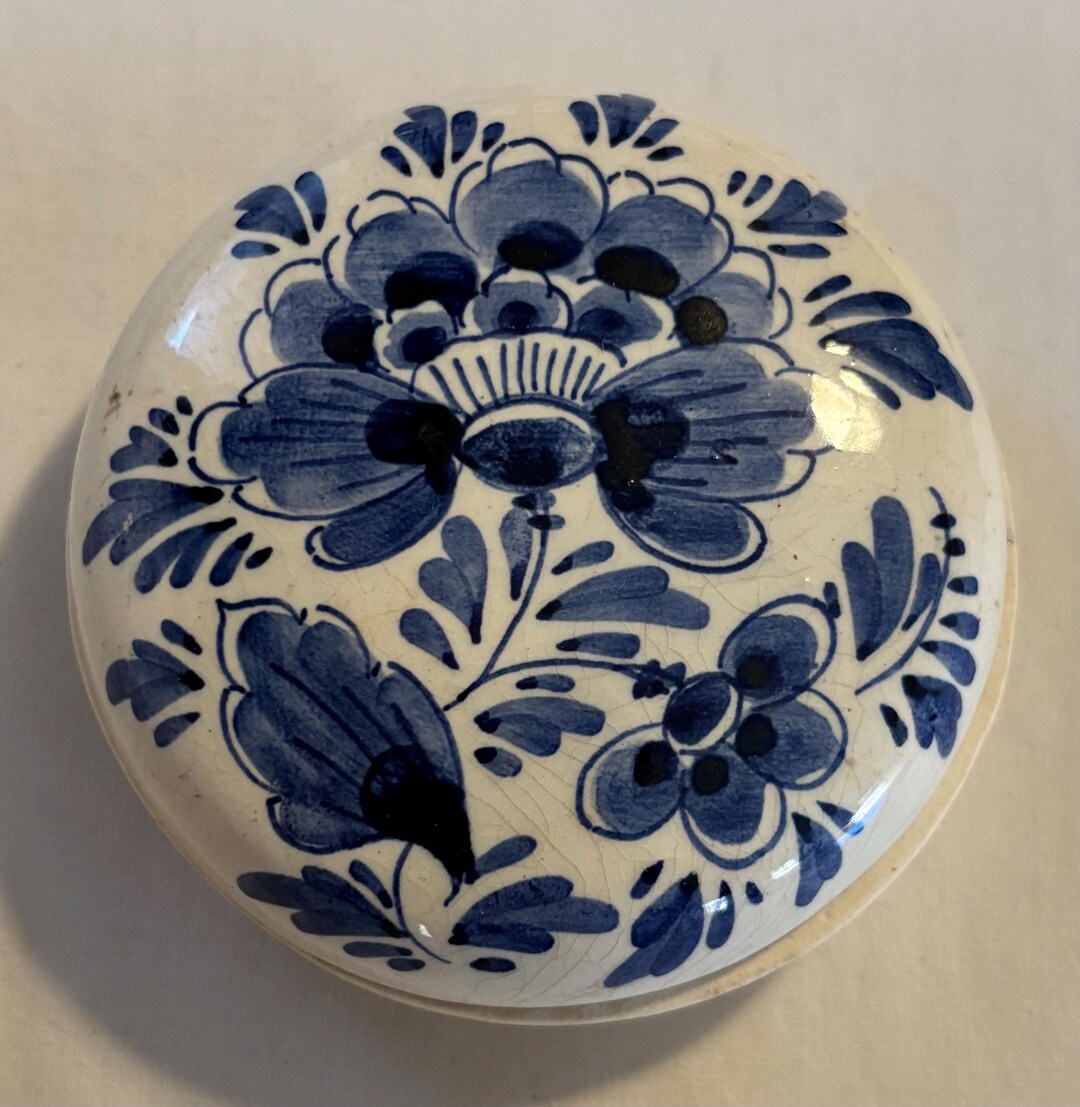 Antique Floral Blue & White Delft Powder Box as Is - Etsy