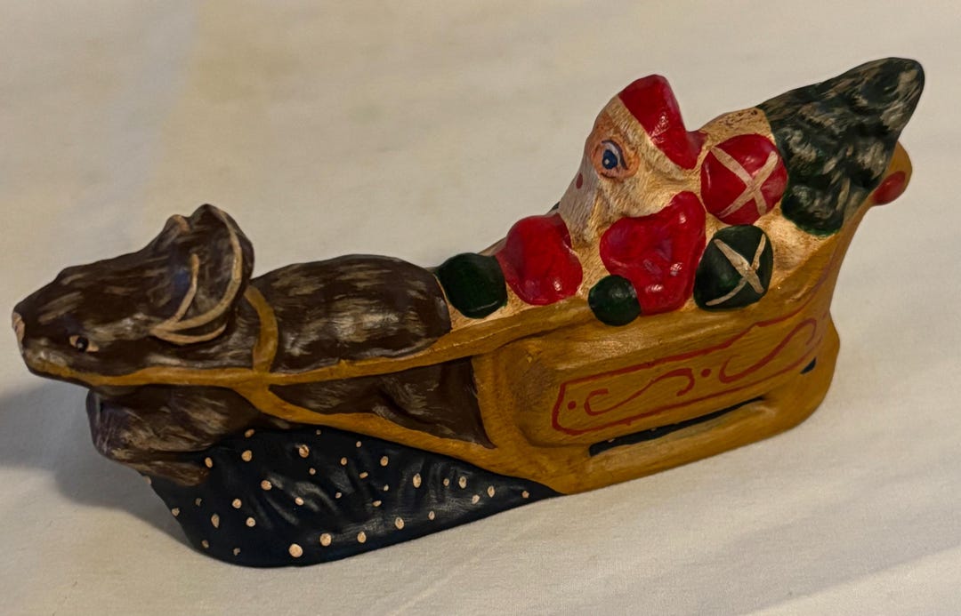 1998 Richard Connolly Folk Art Santa in Sleigh W/ Reindeer & Christmas ...