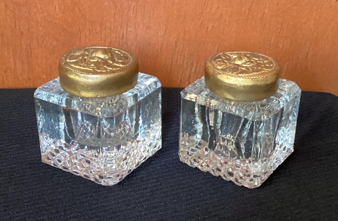 Vintage Pair of Brass Capped Clear Glass Cube Ink Well Jars - Etsy