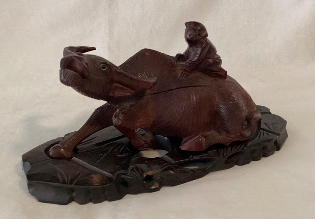 Vintage Chinese Carved Wood Man Riding Water Buffalo Figurine ( AS IS ...