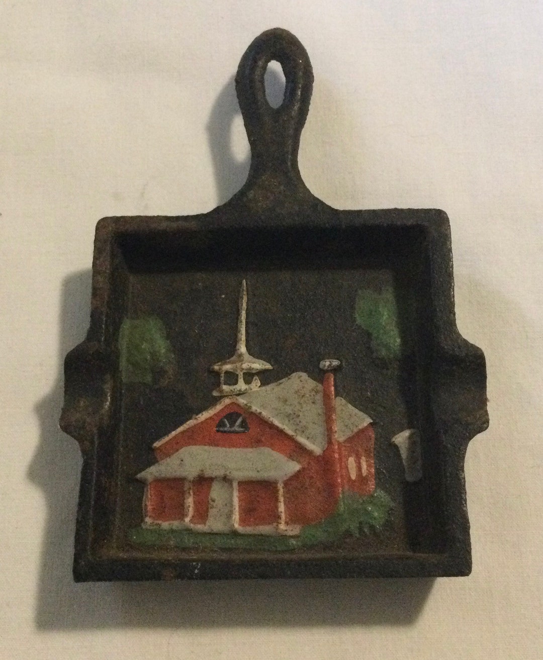 Vintage Miniature Square Shaped Cast Iron Frying Pan W/ Church Scene ...