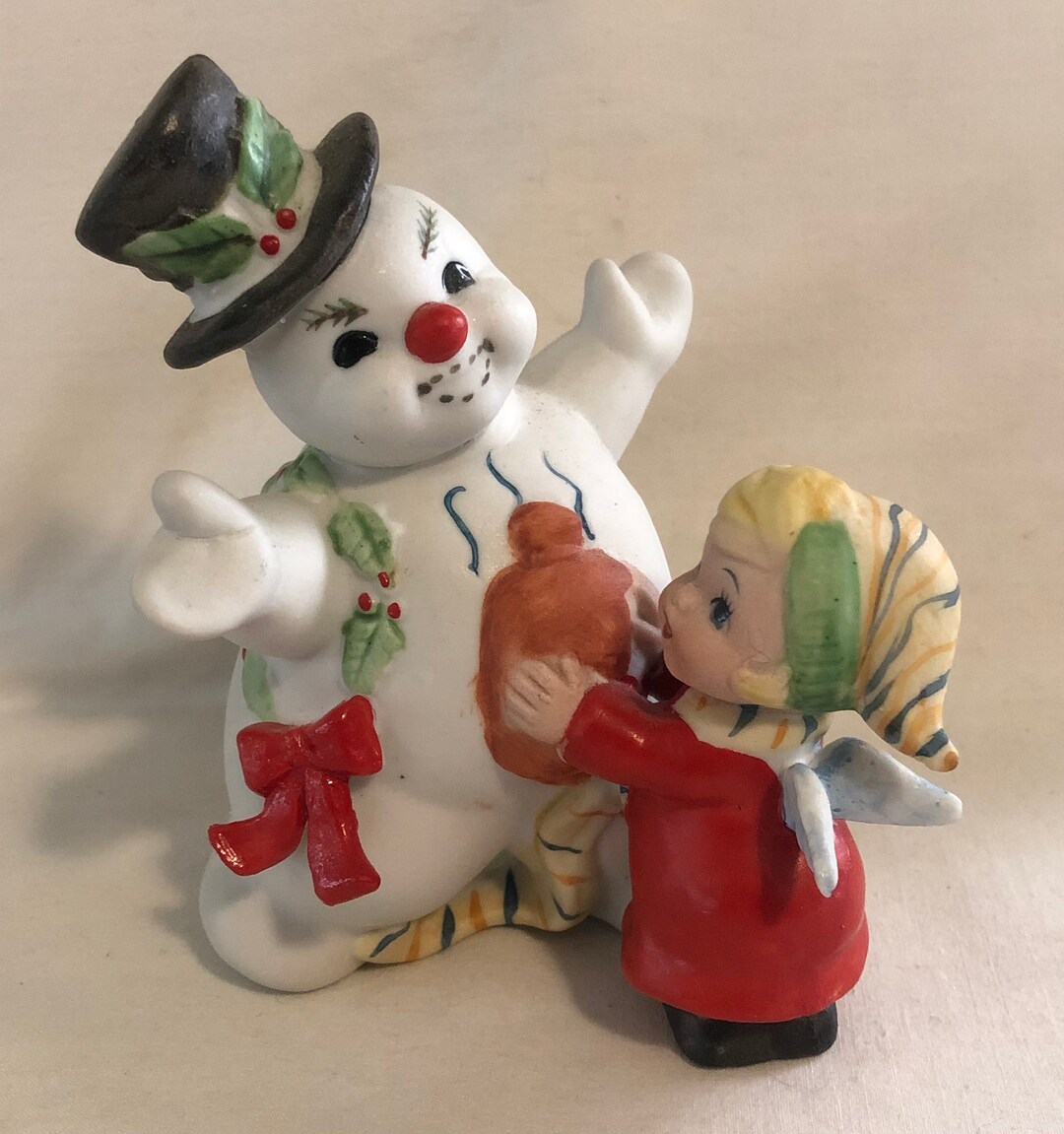 Vintage George Good Eve Rockwall Snowman W/ Angel Holding Hot - Etsy