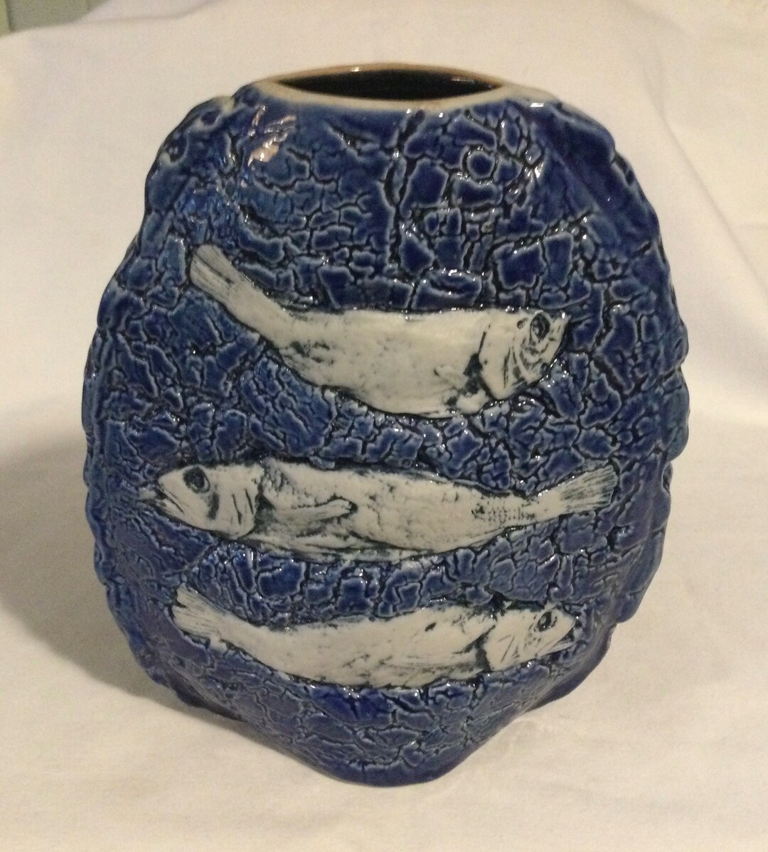 Tenmoku Modernistic Art Pottery Fish Fossil Blue Crackle Vase - Etsy