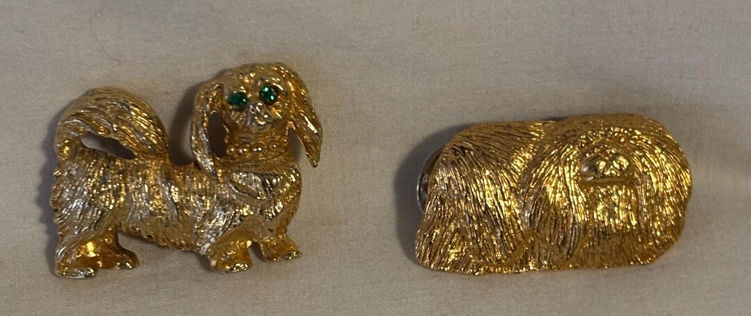 2 Vintage Pekingese Pins Retro Green Rhinestone Eyed Dog & G G Harris ...