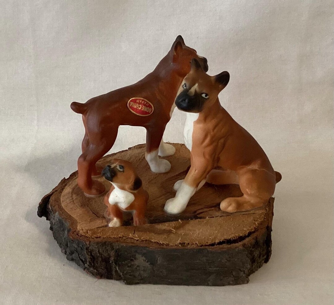 Vintage Three Boxer Dogs on Tree Stump Figurine - Etsy