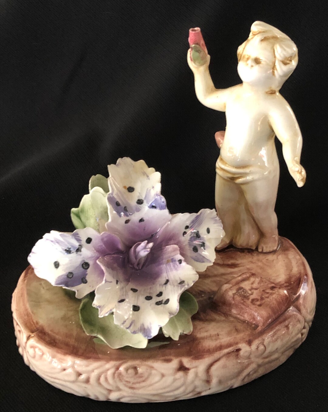 Vintage Capodimonte Cherub Imp W/ Orchid Flower Figurine Candleholder ...