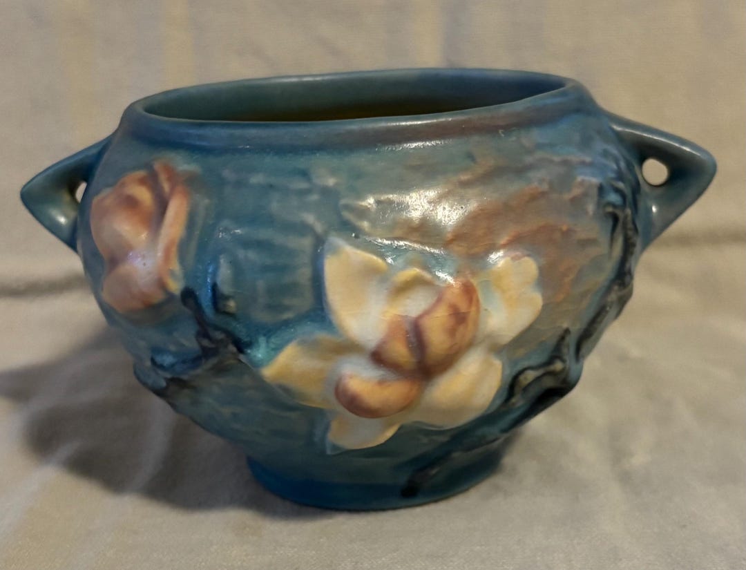 Vintage Small Roseville Pottery Blue Magnolia Pattern Handled Jardinere ...