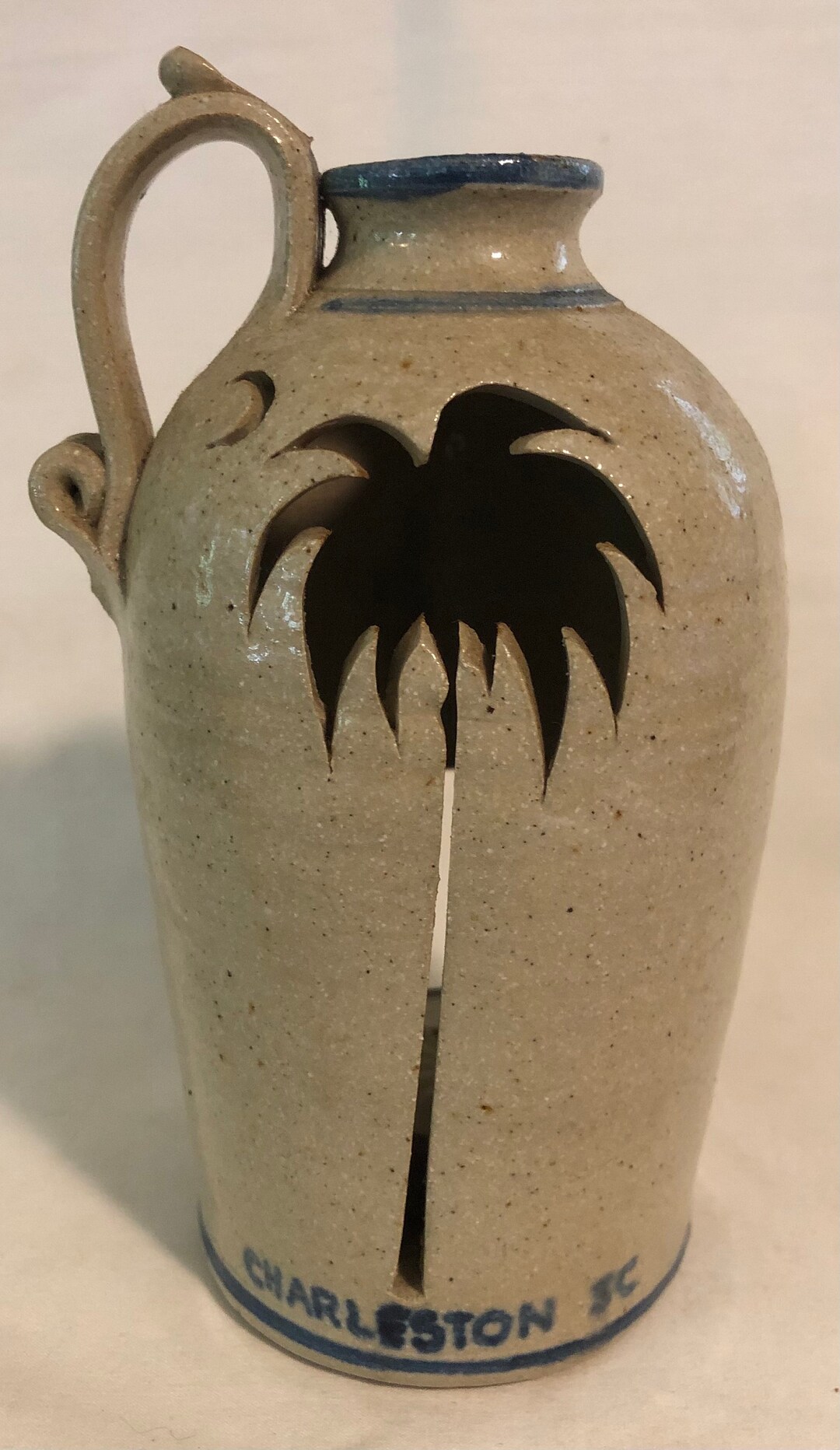 Charleston Pottery Palm Tree W/ Moon Stoneware Jug Shaped Votive Holder ...