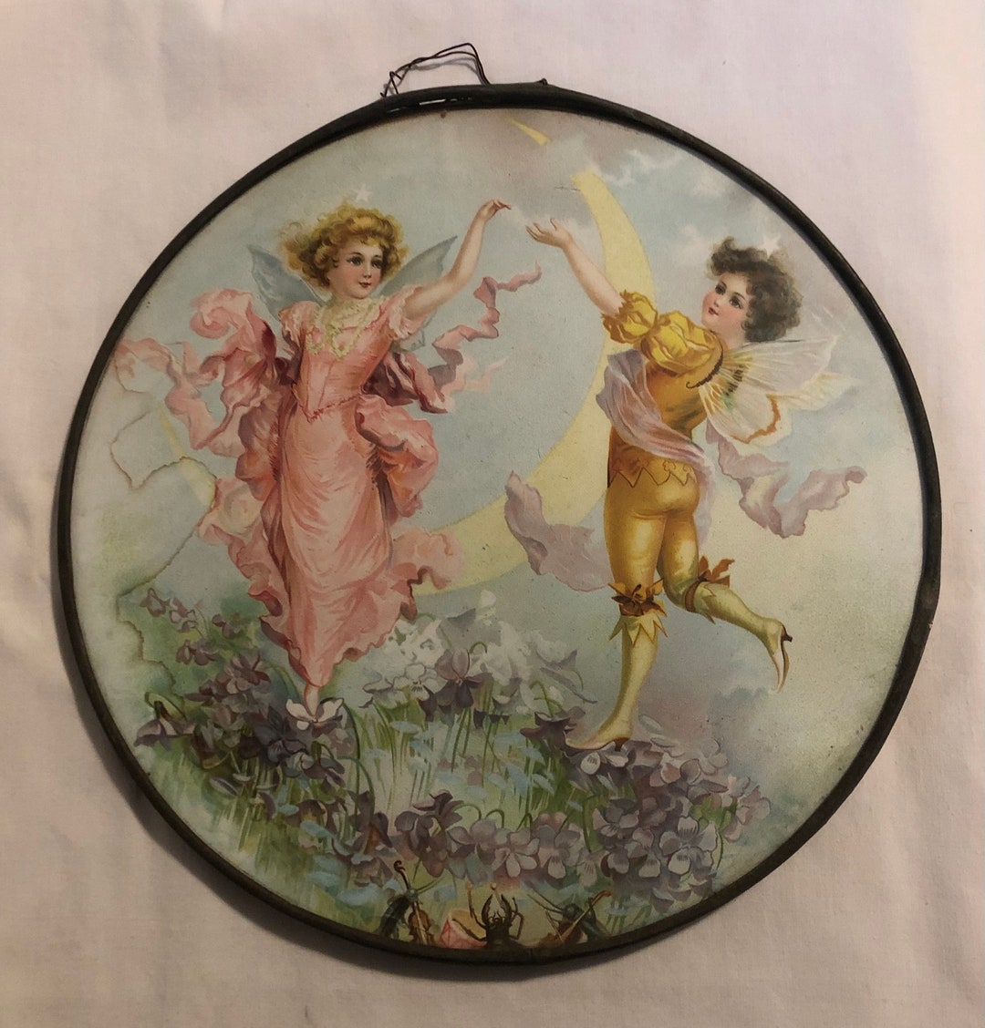 Victorian Round Colorful Fairies Dancing in Violet Field W/ Moon Framed ...