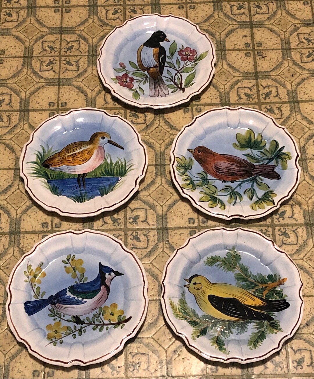 5 Vintage Hand Painted Italian Art Pottery Songbird Plates Bluejay ...