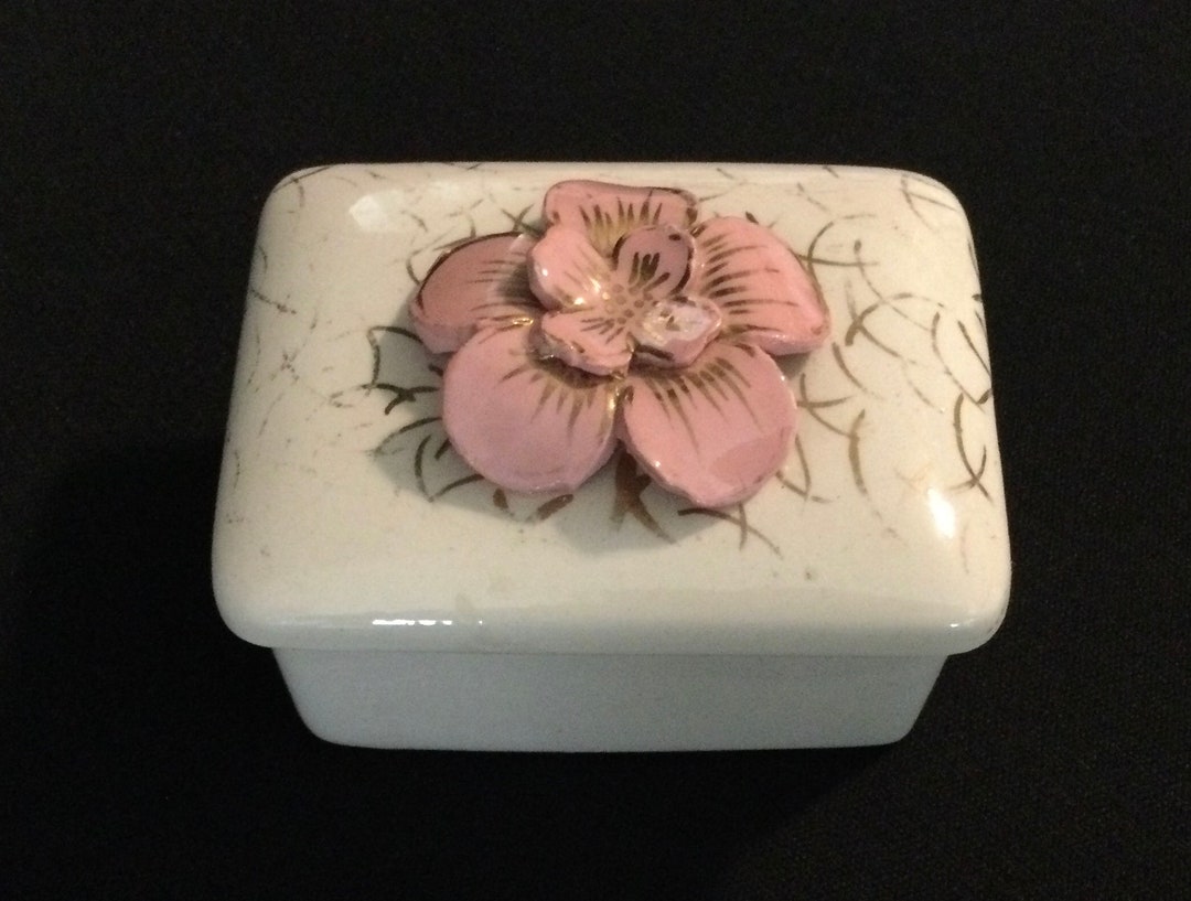 Vintage Porcelain Box With Pink Flower Adorned Lid - Etsy