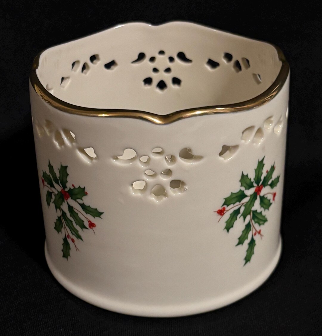 Vintage Lenox Holiday Pattern Holly Design Pierced Rim Pillar ...