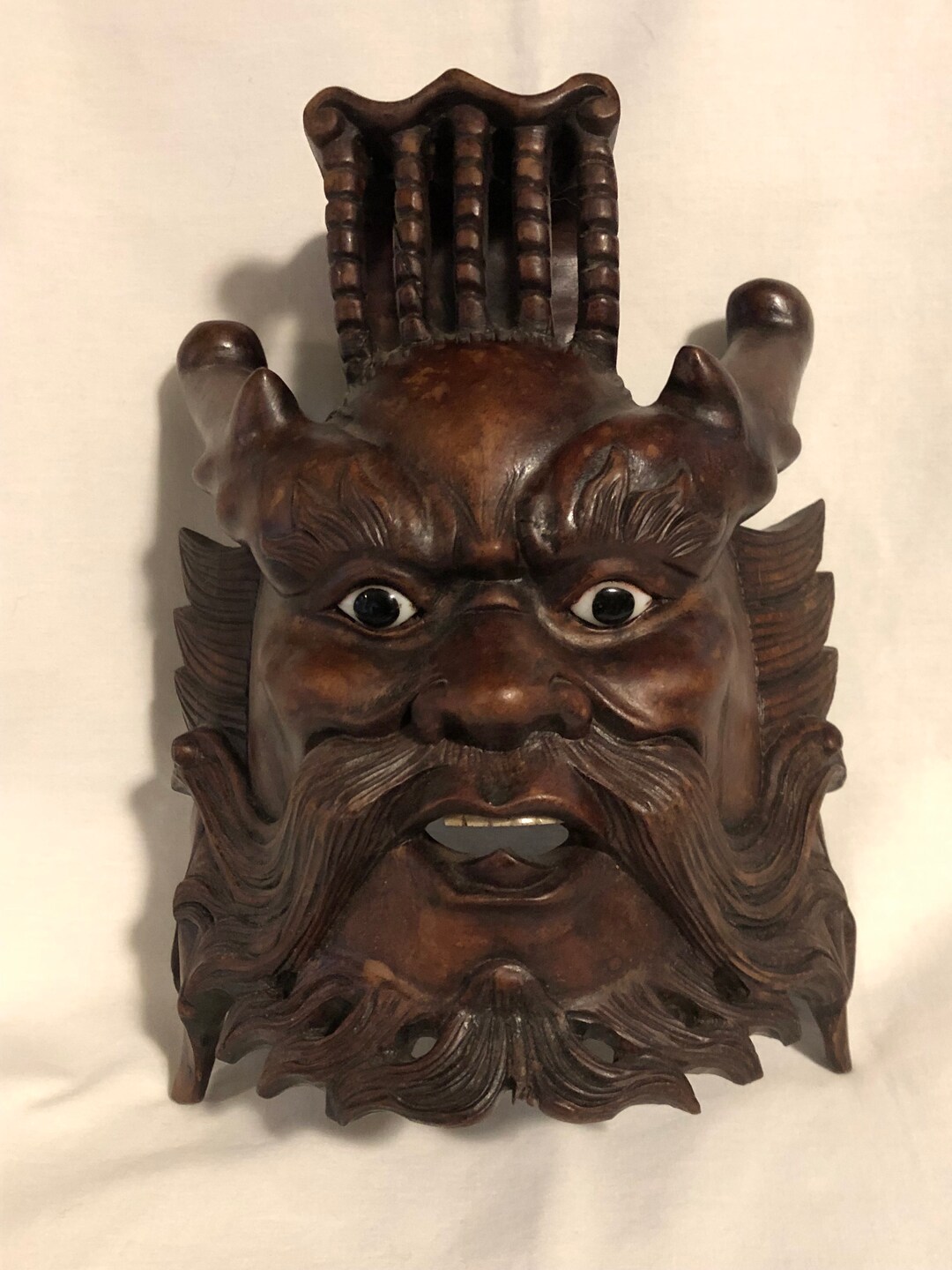 Antique Asian Carved Wooden Mask W/ Glass Eyes - Etsy